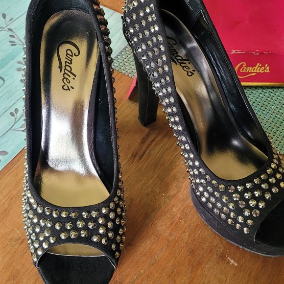 Candie's | Shoes | Candies Black Studded Velvet Open Toe Platform ...